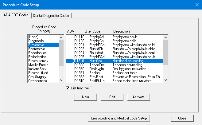 Inactivating or reactivating procedure codes